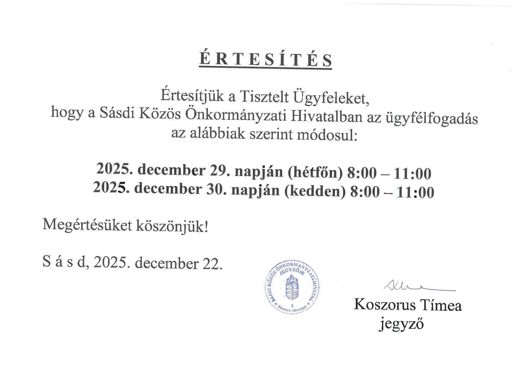 Sásdi Közös Önkormányzati Hivatal ügyfélfogadási rendje - - Sásd Város ...