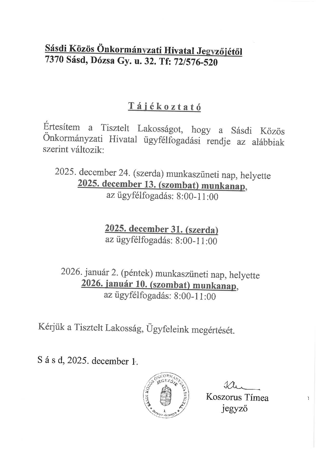 Sásdi Közös Önkormányzati Hivatal ügyfélfogadási rendje - - Sásd Város ...