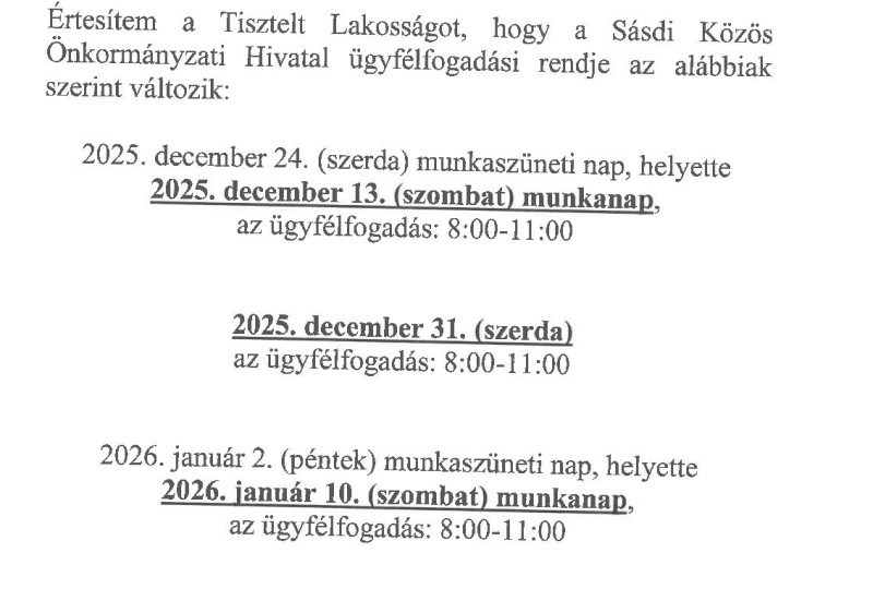 Sásdi Közös Önkormányzati Hivatal ügyfélfogadási rendje - - Sásd Város ...